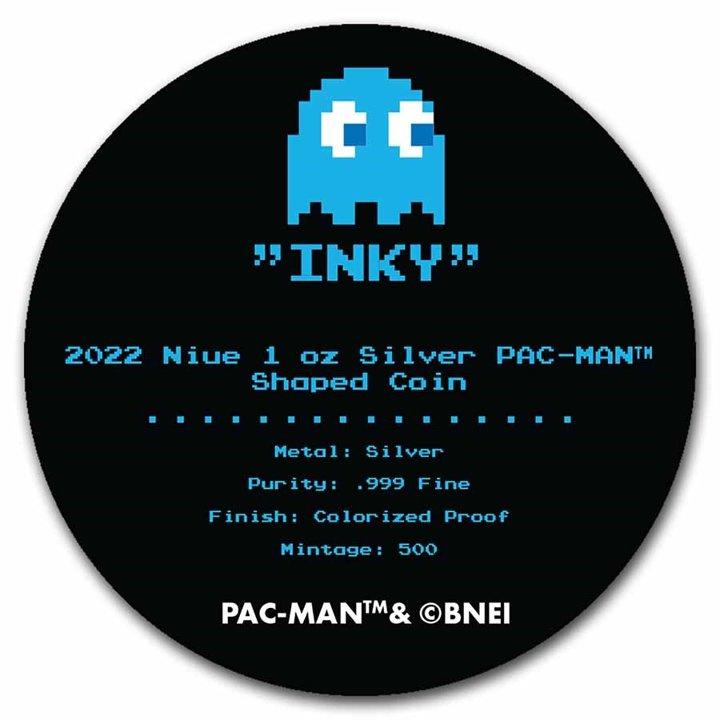 Niue: PAC-MAN GHOST "INKY" kolorowany 1 uncja Srebra 2022 Proof Shaped ...